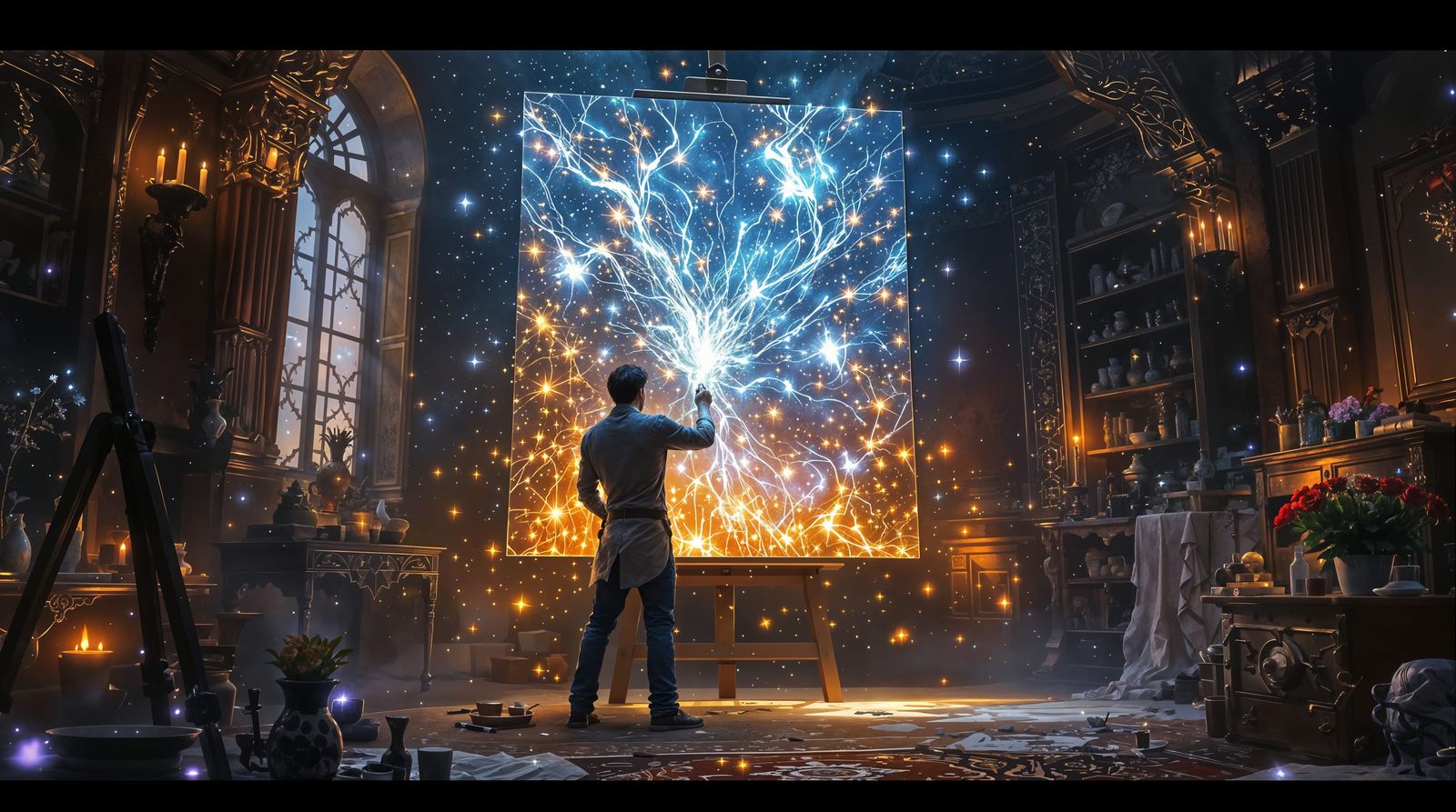 The Painter's Luminous Vision - Dramatic Digital Canvas Unve...