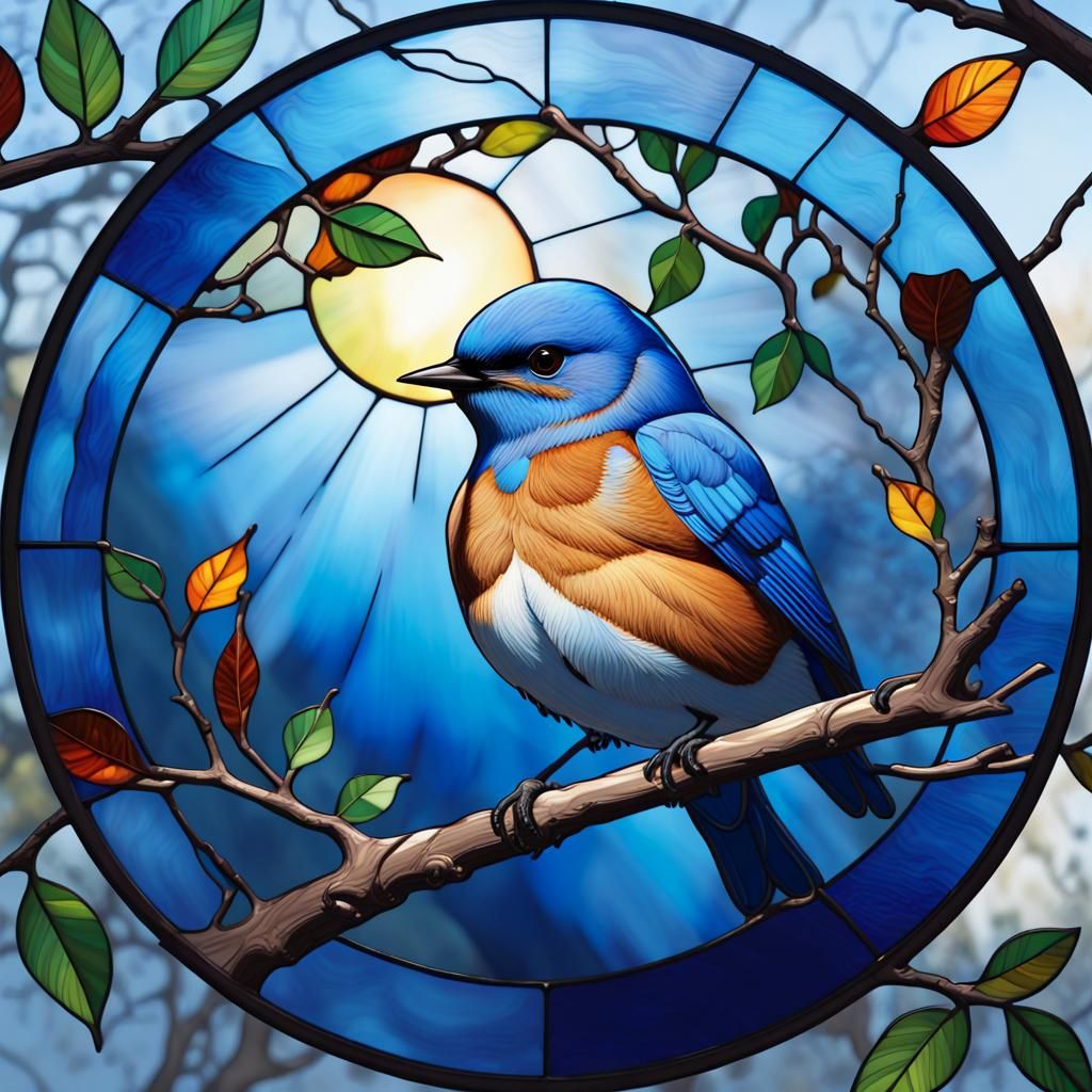 a gorgeous bluebird in a round stain glass window effect, bird is ...