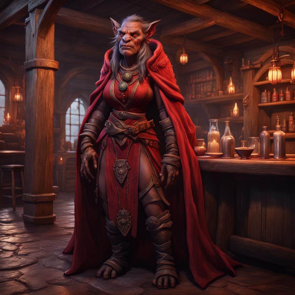Bugbear Warlock in Crimson Robes, Fantasy Art - AI Art