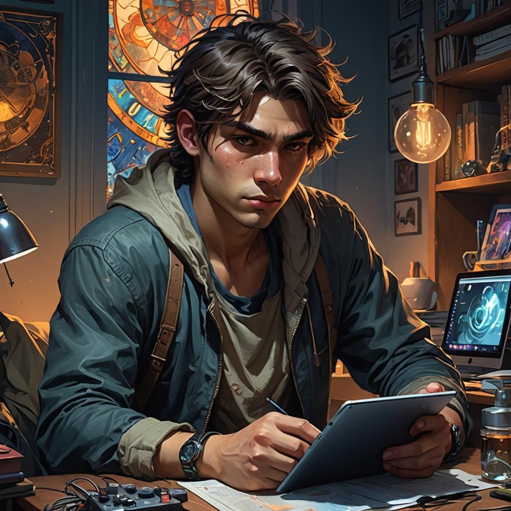 a young rebellious teenager sneaking on social media on his tablet in ...