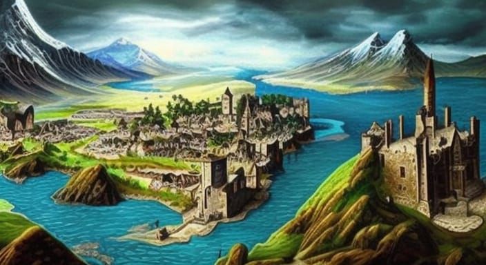 beautiful map of medieval town and surrounding wilderness; Tolkien ...