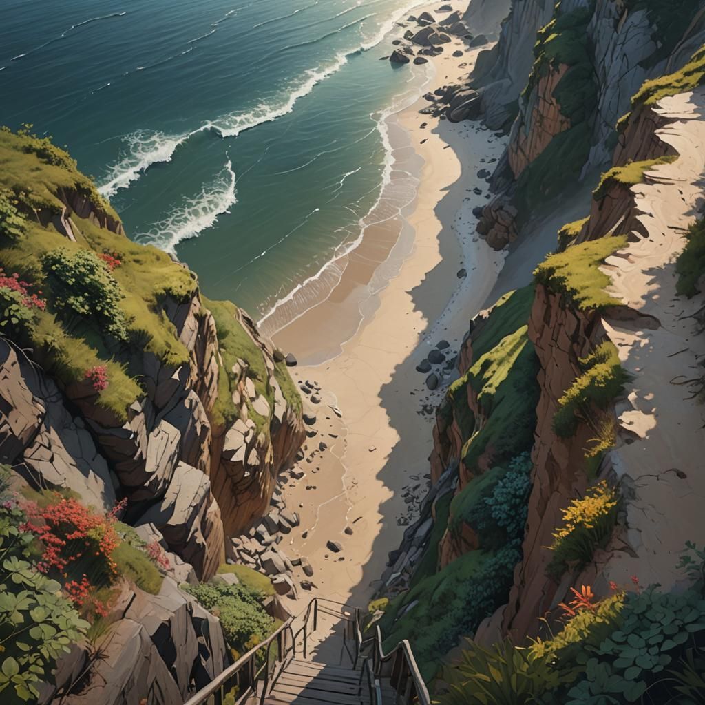 A steep ravine leading down to the beach with calm sea - AI Generated ...