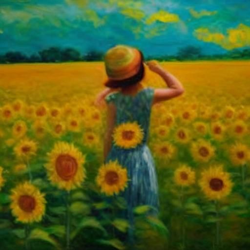 a field of sunflowers swaying in the breeze, run ray, a close-up of a ...