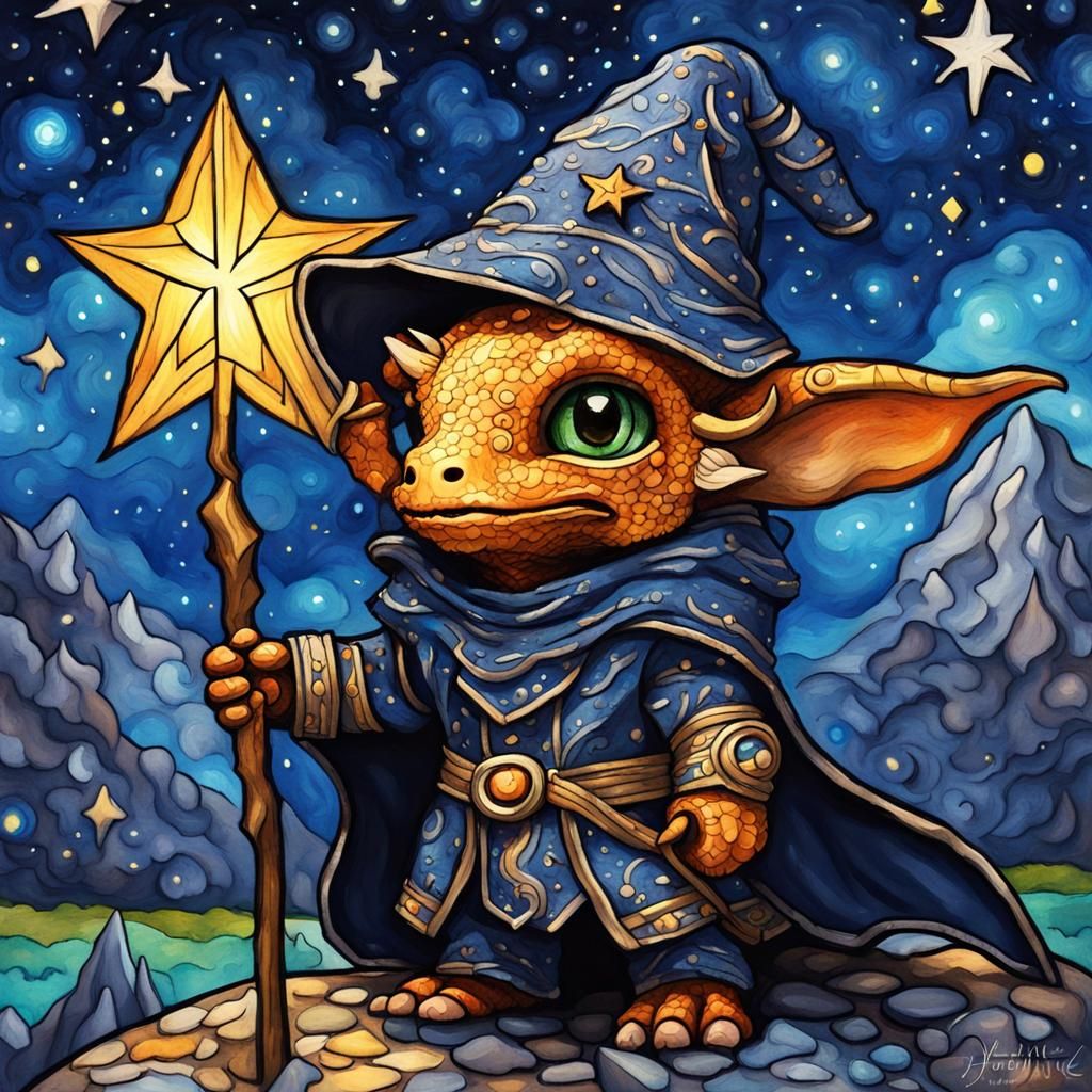 an adorable chibi dragonborn wizard, dark starry night, gorgeous eyes ...