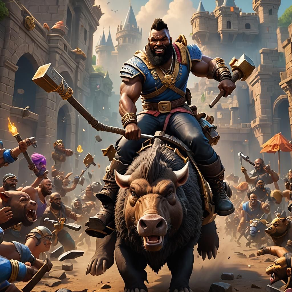 black man with mr. T haircut and clothes riding a giant hog holding a ...