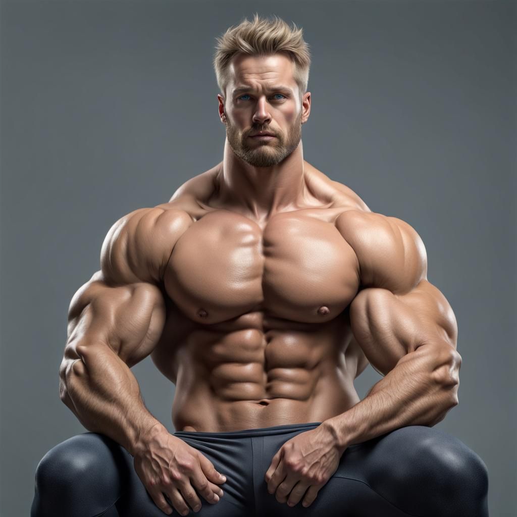 Full body view of bulking bodybuilder, european, dark blonde, blue eyes ...