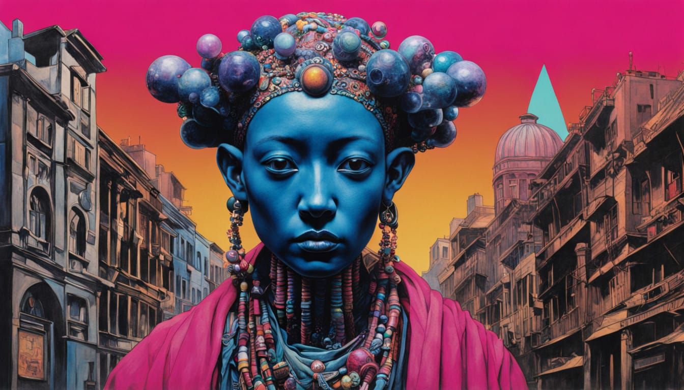 "New Face, Old Town" - A medium shot of a figure with a pink, almost ...