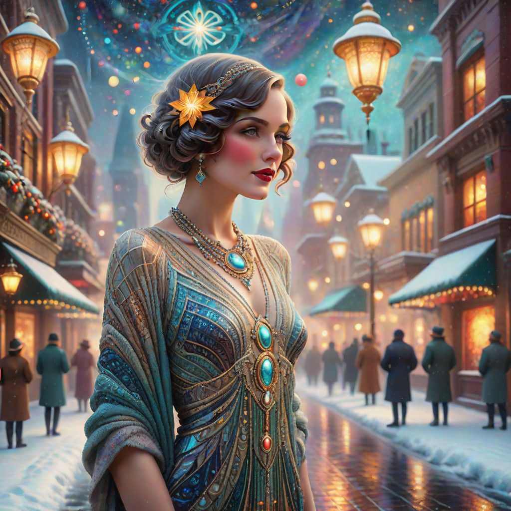 a full body image of a beautiful art deco 1920s Christmas. ethereal fantasy hyperdetailed mist ...