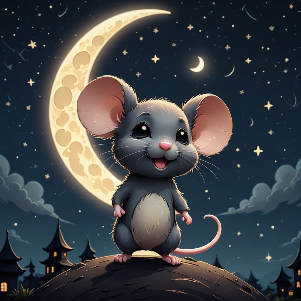 Whimsical Chibi Mouse Amidst Crescent Moonlit Nigh... - AI Art