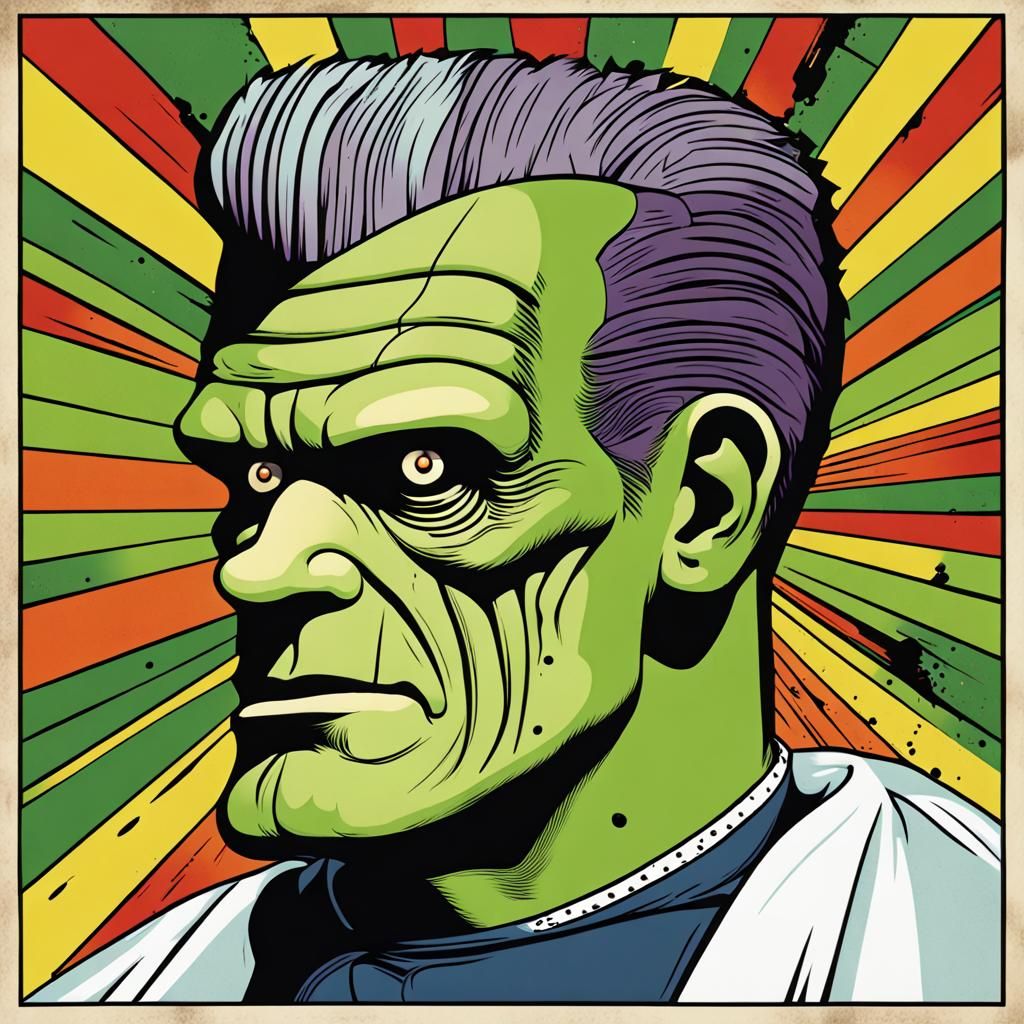 60’s style comic book print of a Frankenstein monster as a barber. In ...