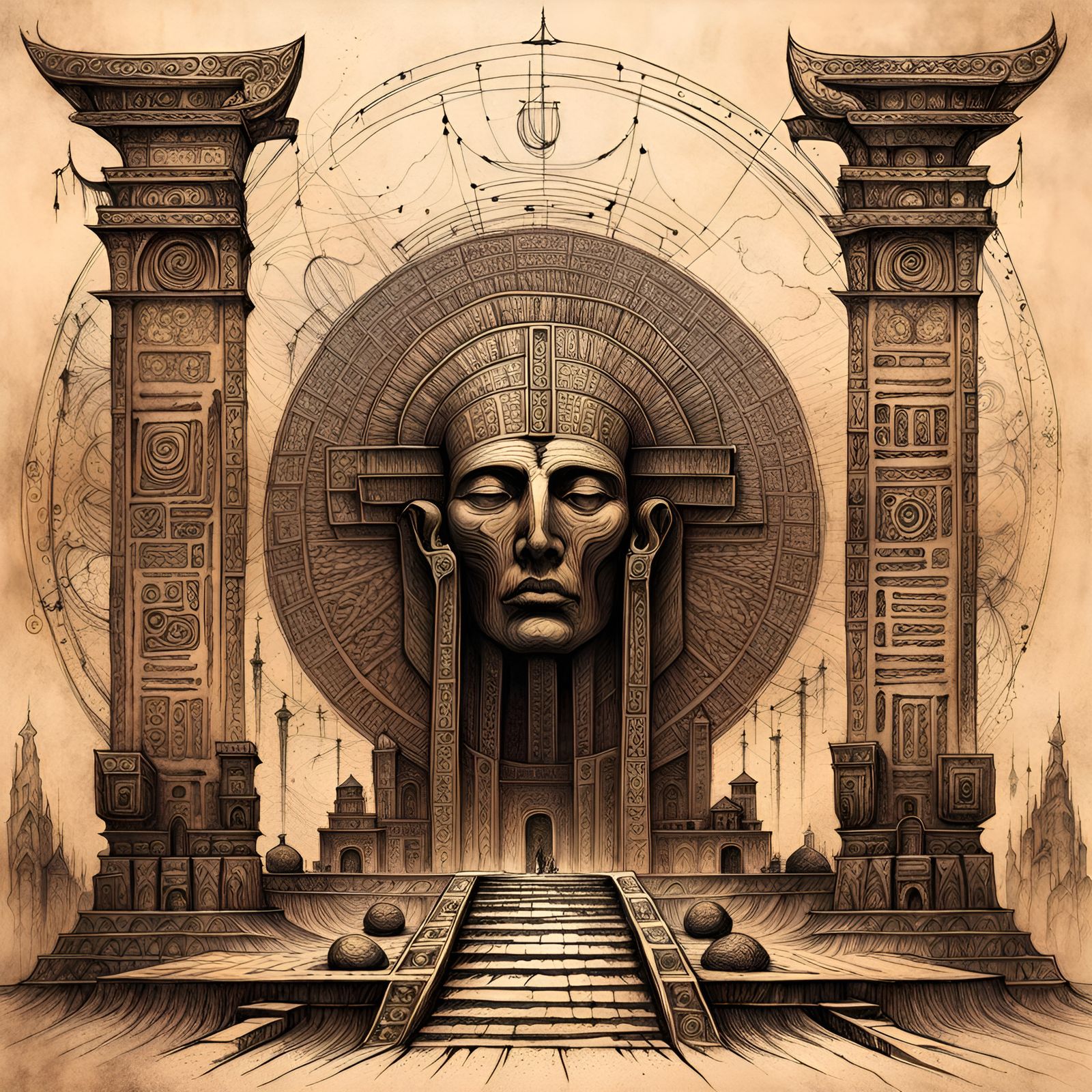 Ink scribble on a parchment of an ancient hieroglyphics surrounded by ...