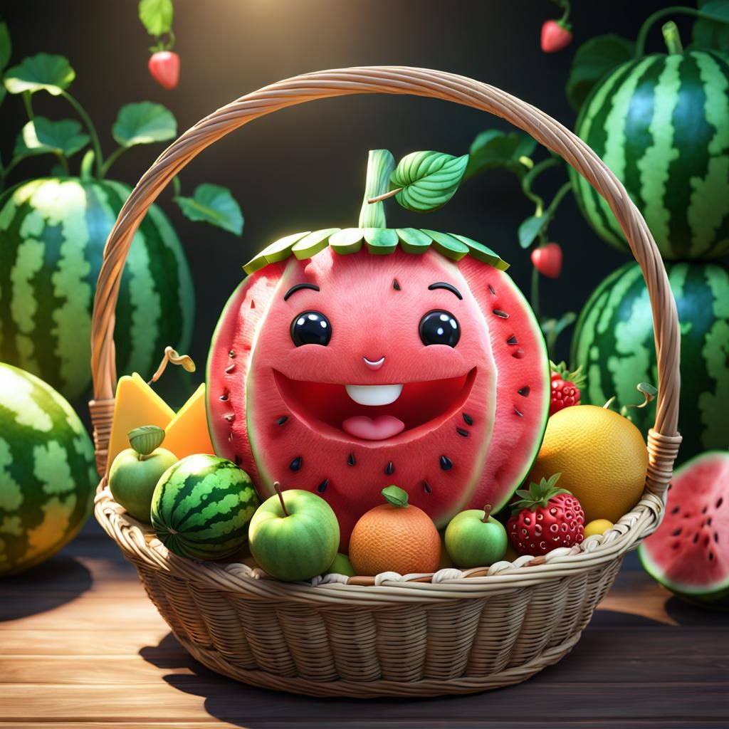 Smiling chibi watermelon in a fruit basket - AI Generated Artwork ...