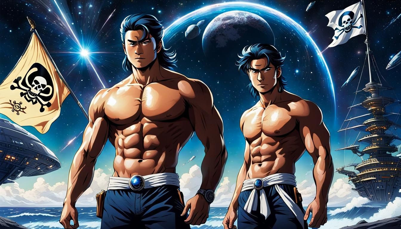 full shot, full body, two intergalactic sailors looking at the camera ...