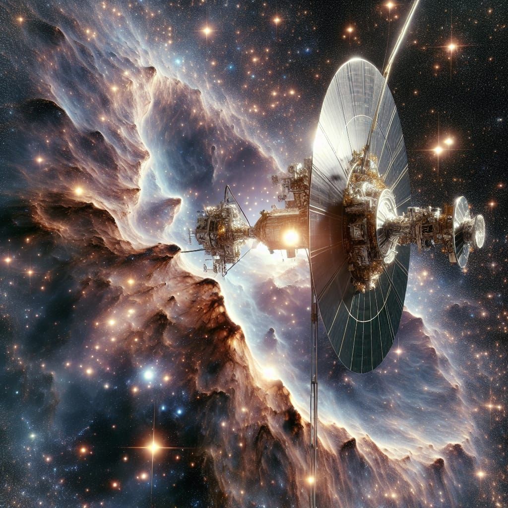 NASA Voyager spacecraft flying through a cosmic nebula filled with many ...