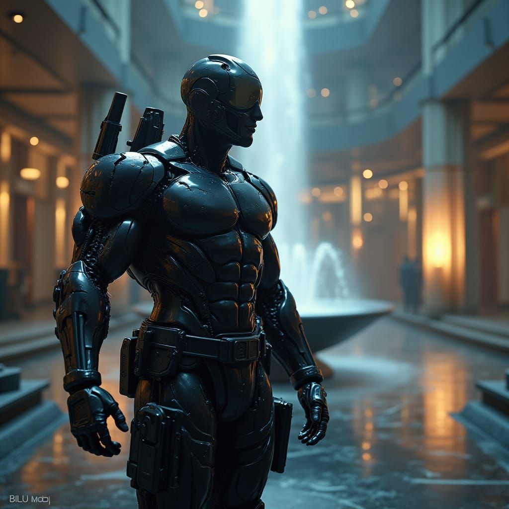 tactical bodybuilder cyborg security guard standing watch over ...