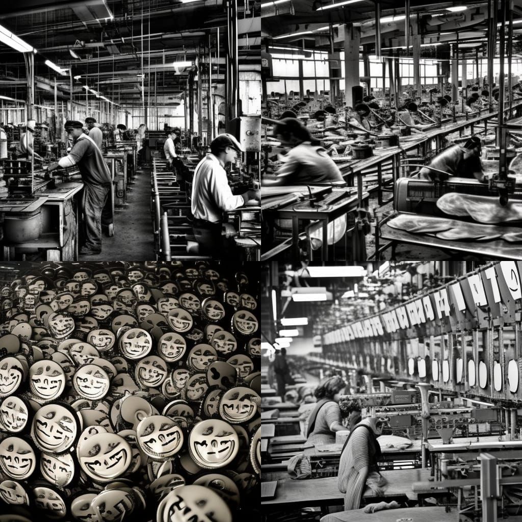 factory with smiley-face posters on walls. Sad workers on the assembly ...