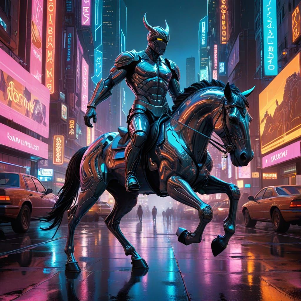 Cybernetic Centaur Gallops Through Futuristic City - AI Art