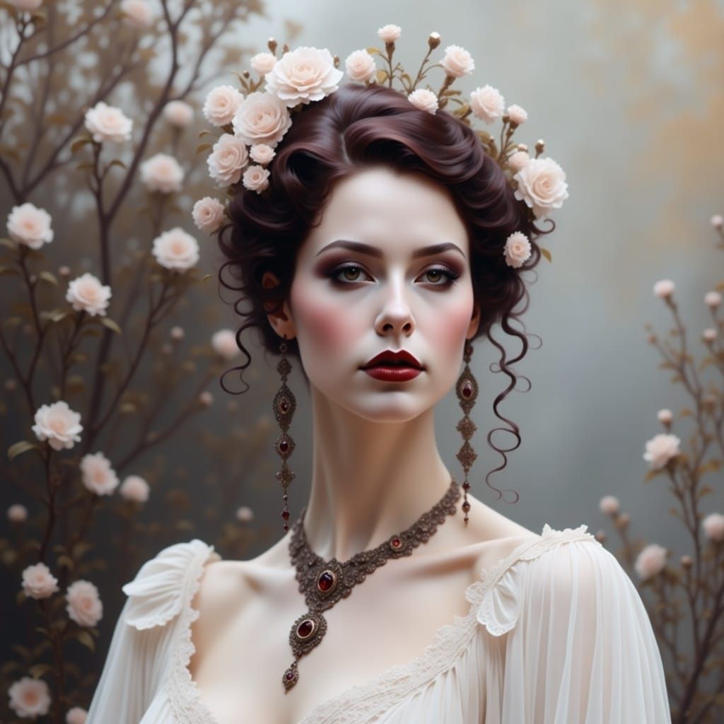 Gothic Beauty in Elegant Edwardian Black Gown with... - AI Art