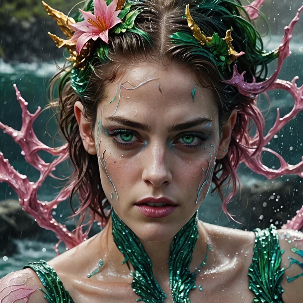 close up. young lovely Kristen Stewart as a water nymph. sparkling body ...