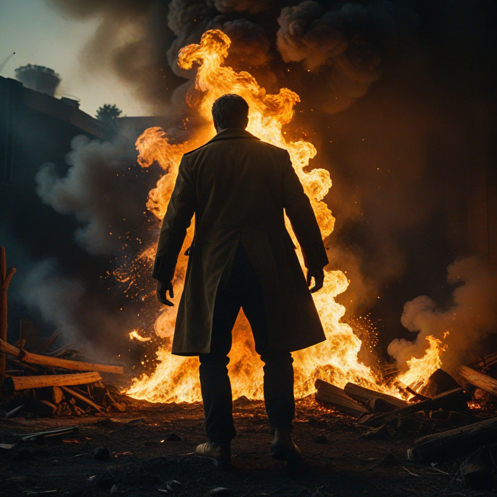 A Man of Unyielding Courage Blocks a Fiery Inferno... - AI Art