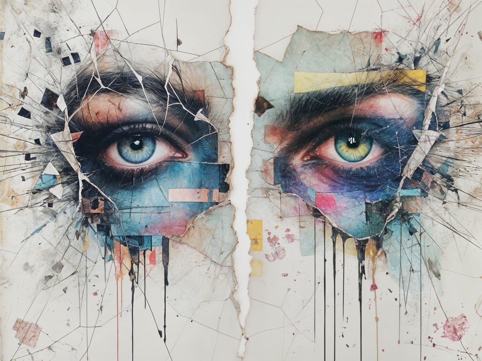 Paranoid - Surreal Double Exposure Encaustic Art with Torn P...
