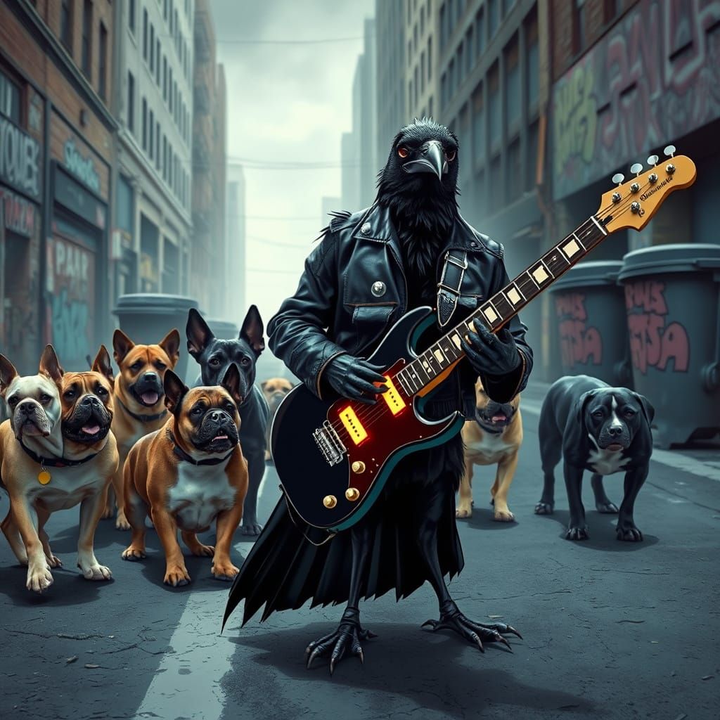 Sleek Crow Rocks Out in Leather Jacket on City Str... - AI Art