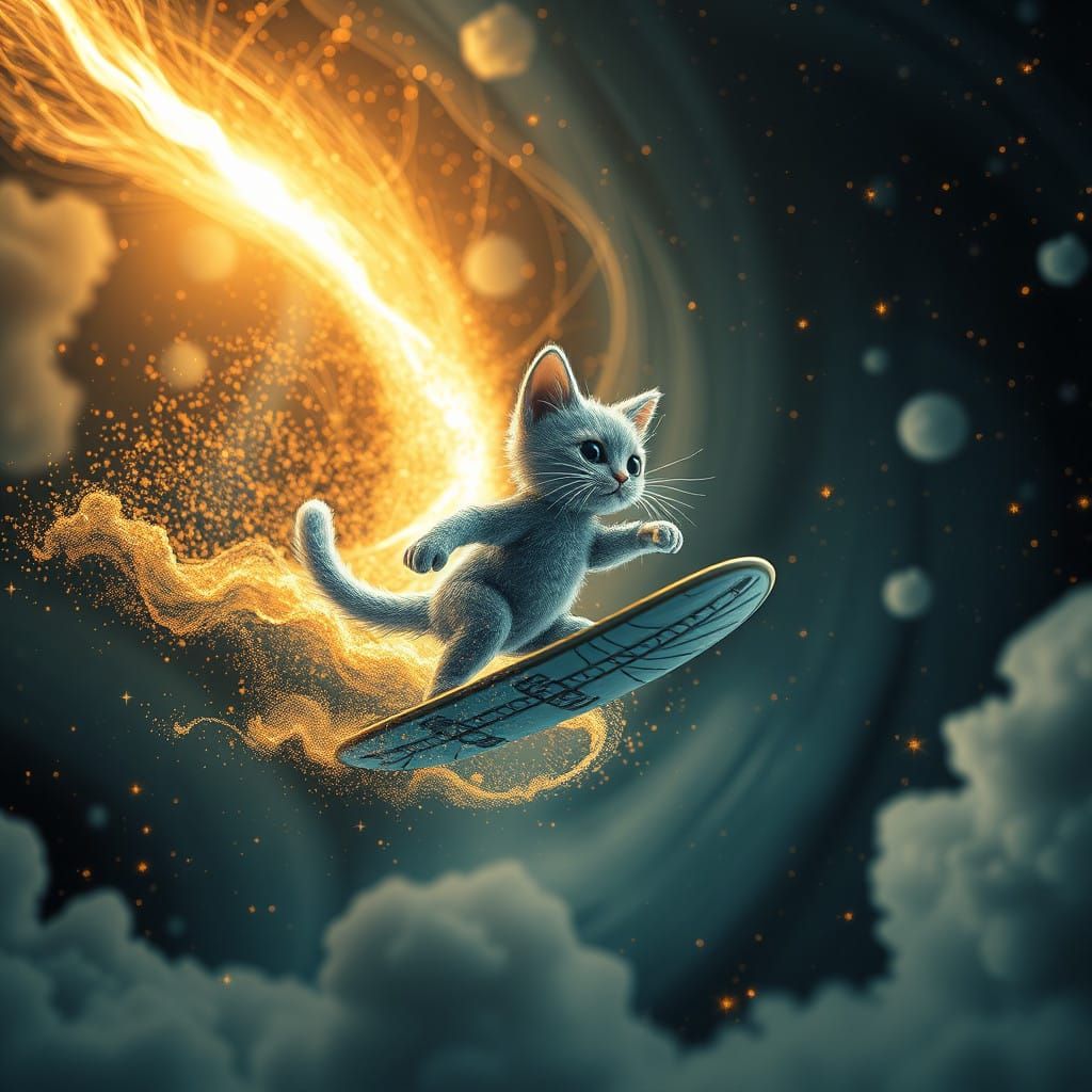 To infinity! Meow! - Cosmic Cat Surfer in Celestial Glow