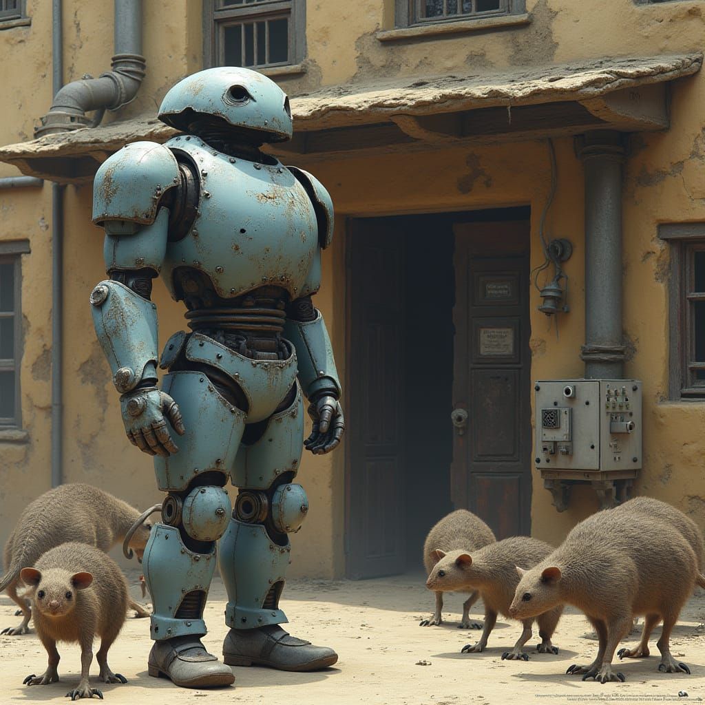 Weathered Labor Robot Guards Rustic Tavern Amidst ... - AI Art