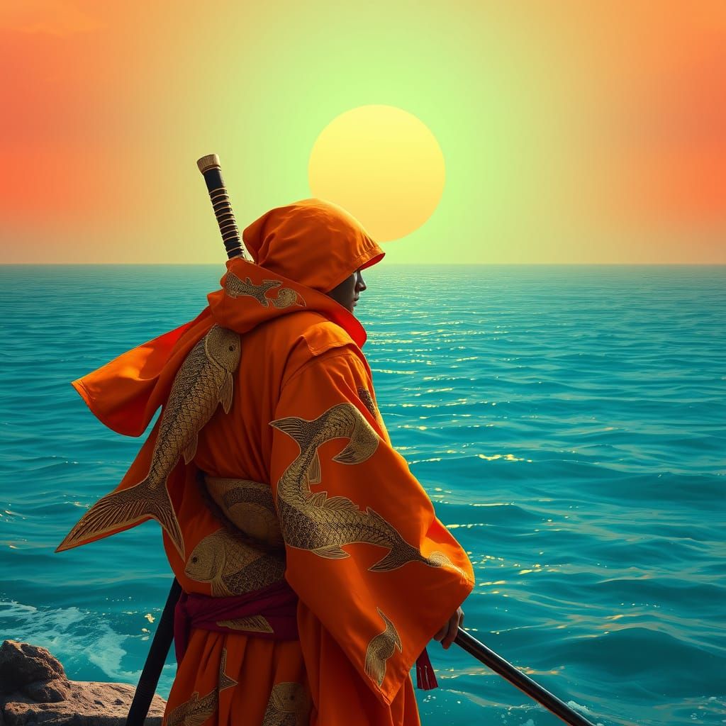 Androgynous Ninja shogun. kimono orange Sunset, teal ocean, gold ...