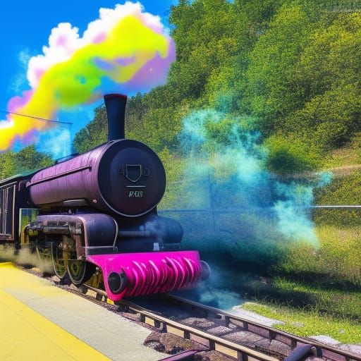 Photograph of a neon coloured steam train - AI Generated Artwork ...