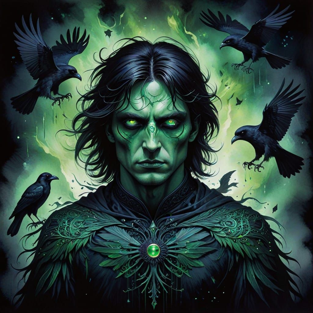 Green-Raven-Man - Mystical Raven Summoner in Vibrant Dark Wa...