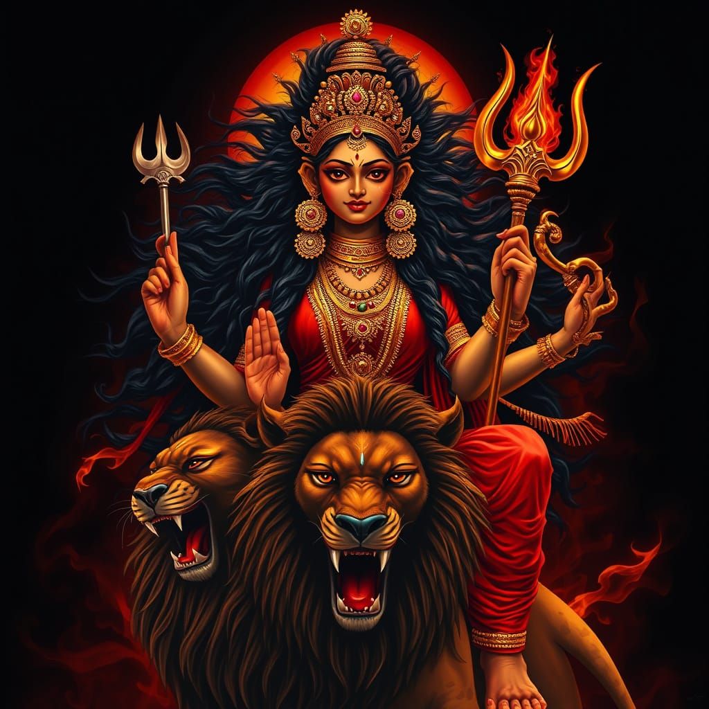 Majestic Maa Durga, Goddess of Fierce Power and In... - AI Art