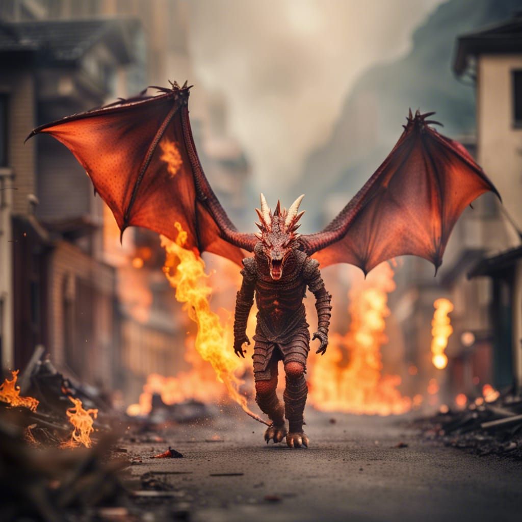 A dragon-humanoid rampaging and breathing fire on a fantasy town. lots ...