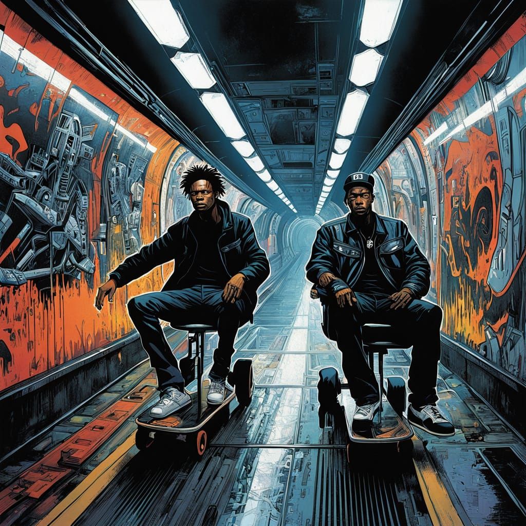Surreal Subway Skaters Ignite with Fiery Wheels in... - AI Art