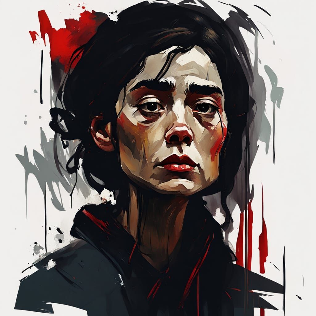 close-up painting of a woman's face and neck, lost sad expression, long ...