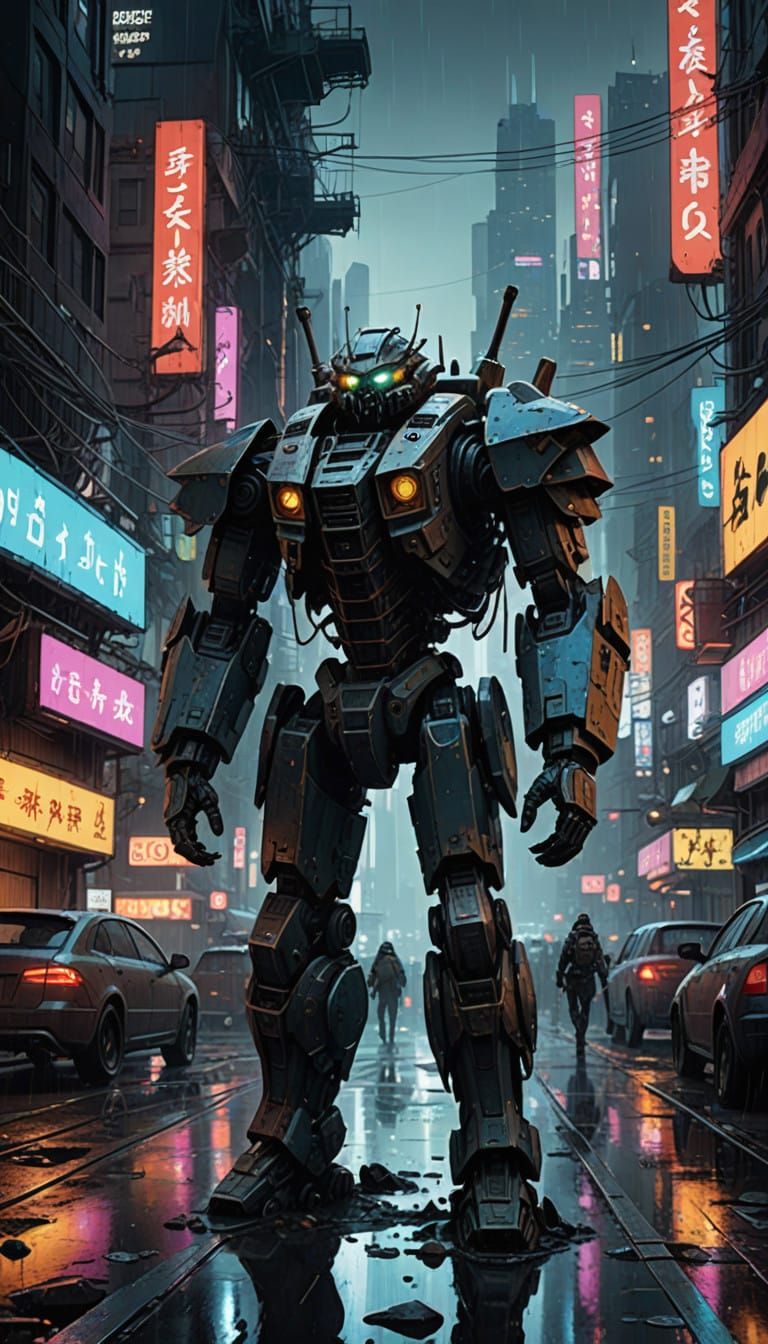 samurai wanders the streets aimlessly in a dystop... - AI Art