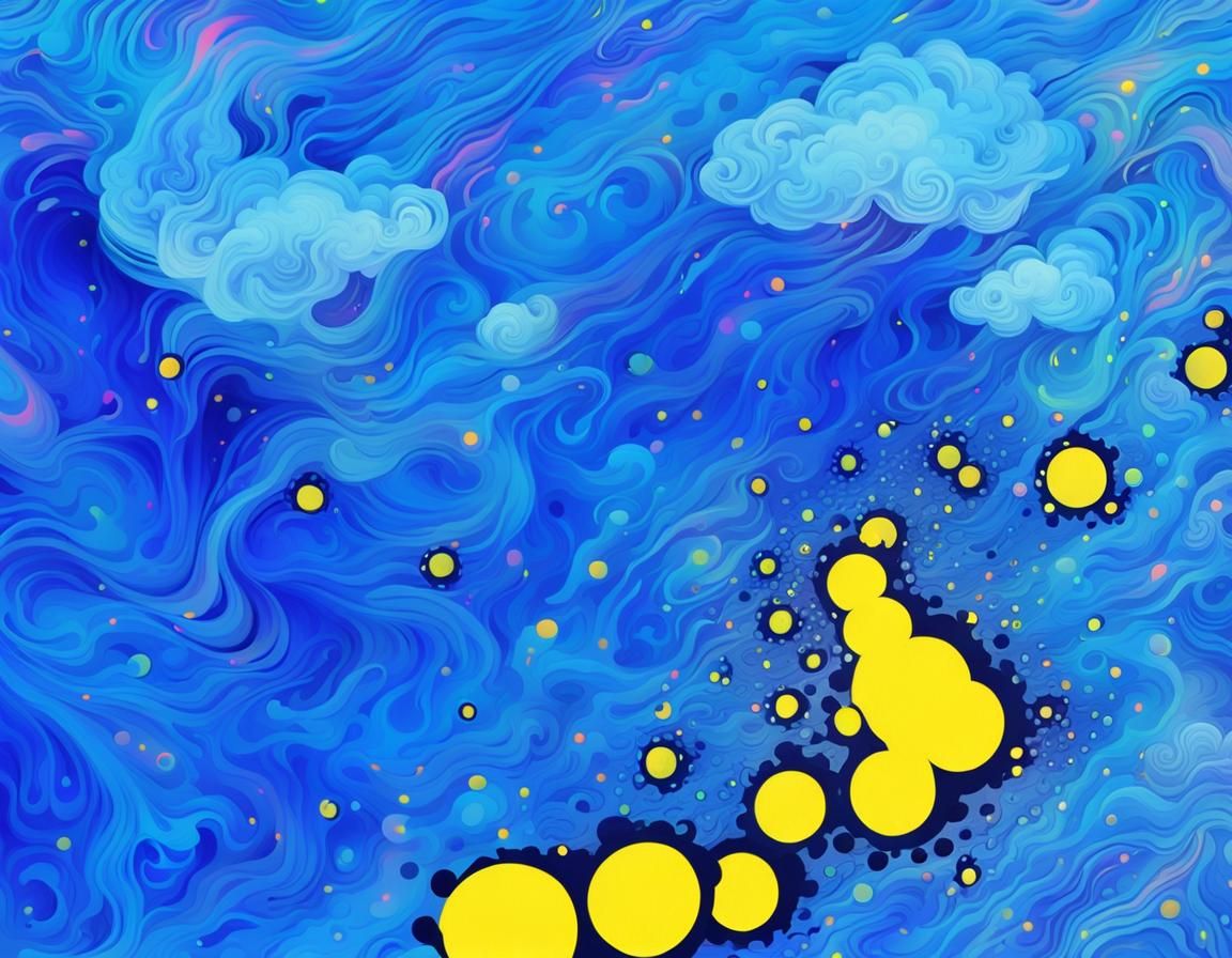 The background is a blue sky with fluffy clouds floating strange ...