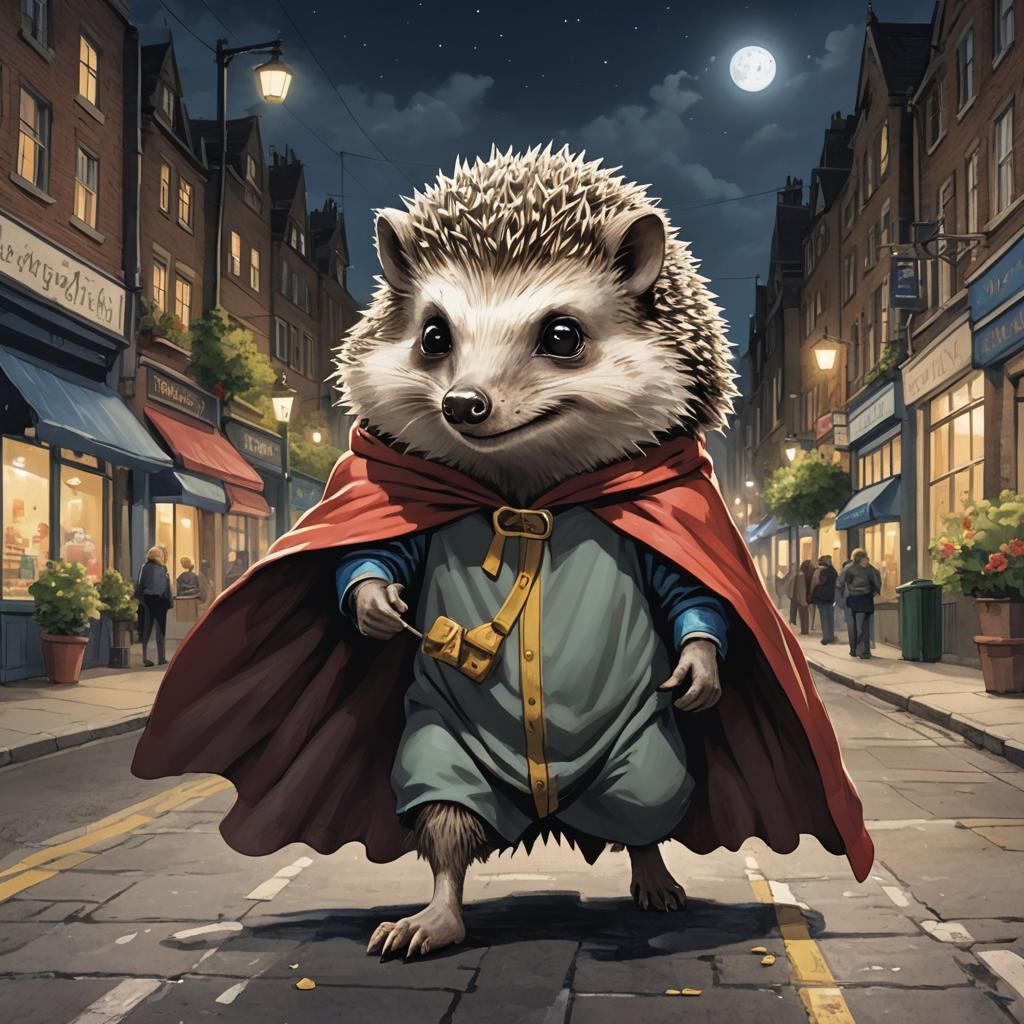 Anthropomorphic Hedgehog wearing a cape and mask, patrolling the ...