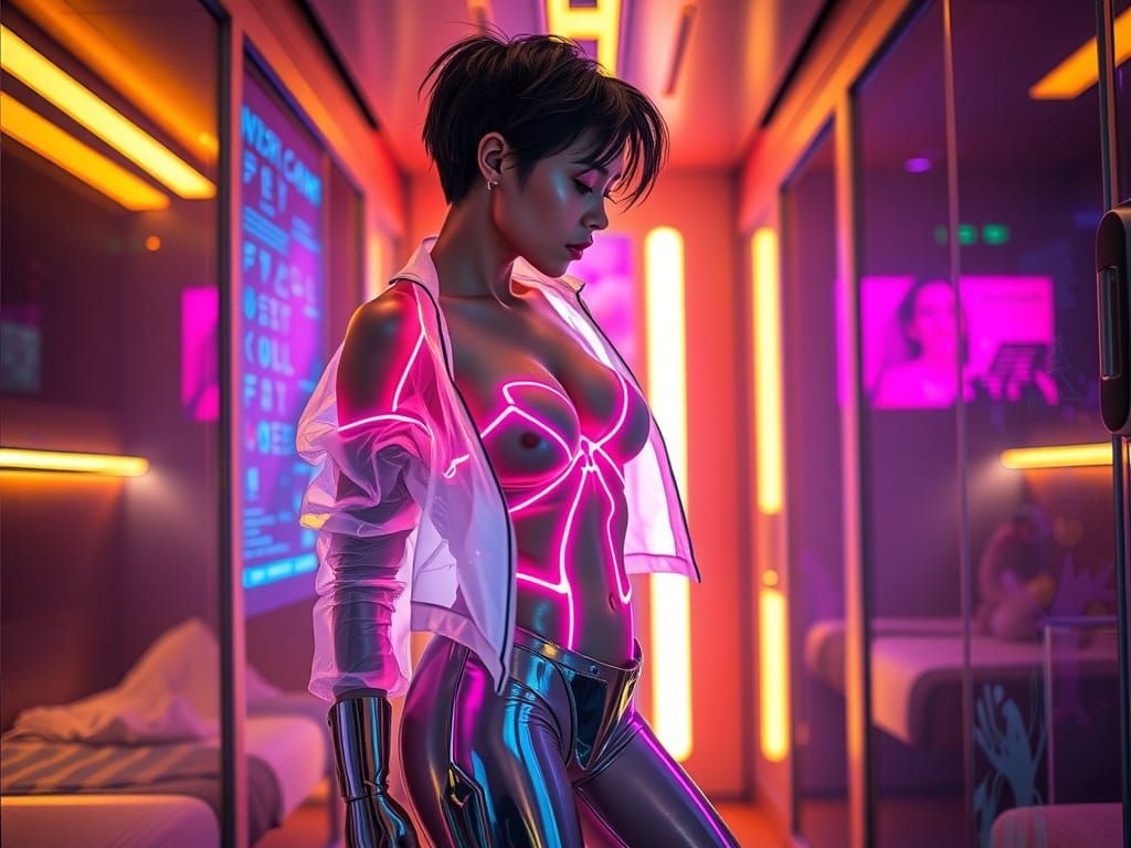 Cybertech Hacker - Neon Cyberpunk Goddess Interfacing with H...