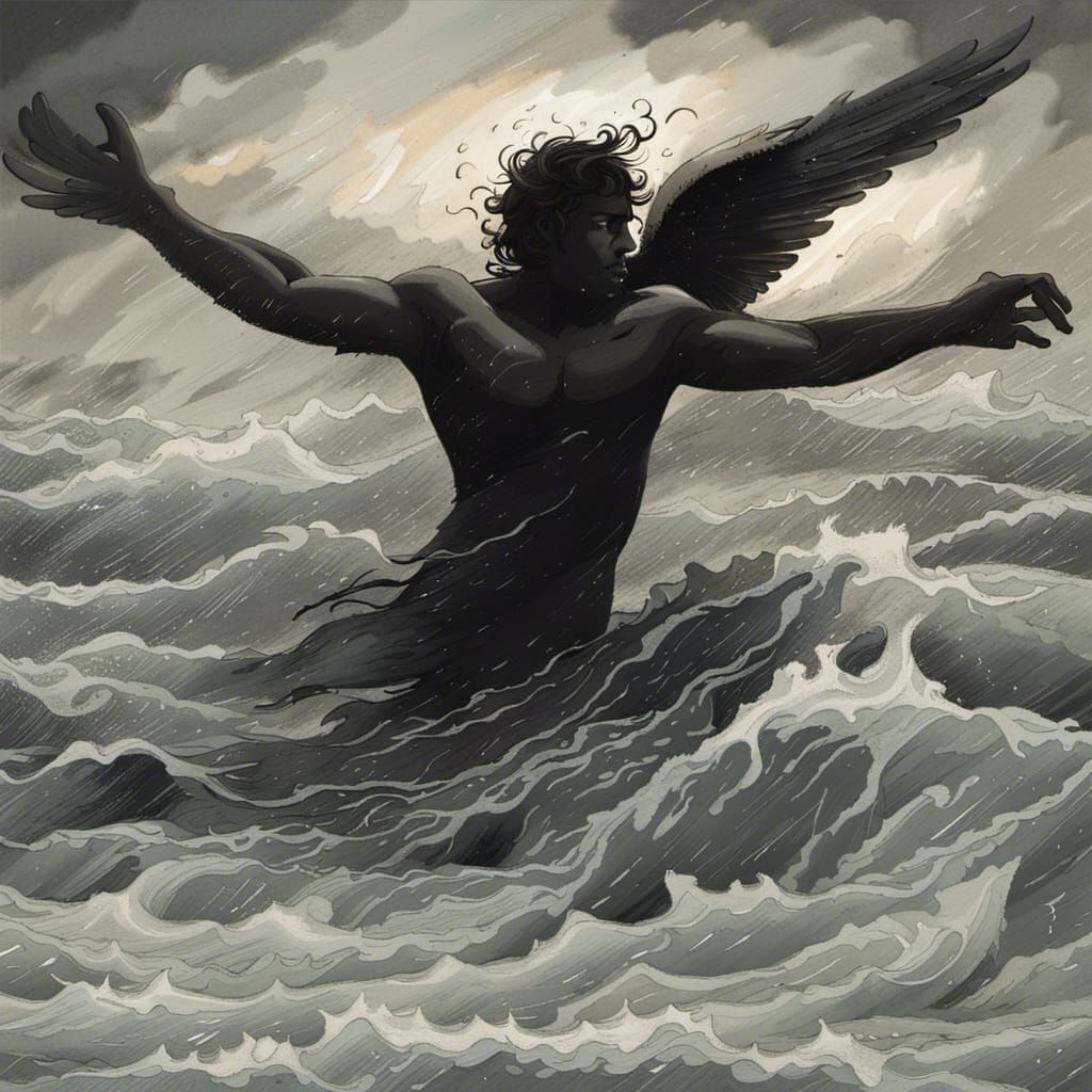 A silhouette of a male angel swimming through a stormy sea in Chaos. He ...