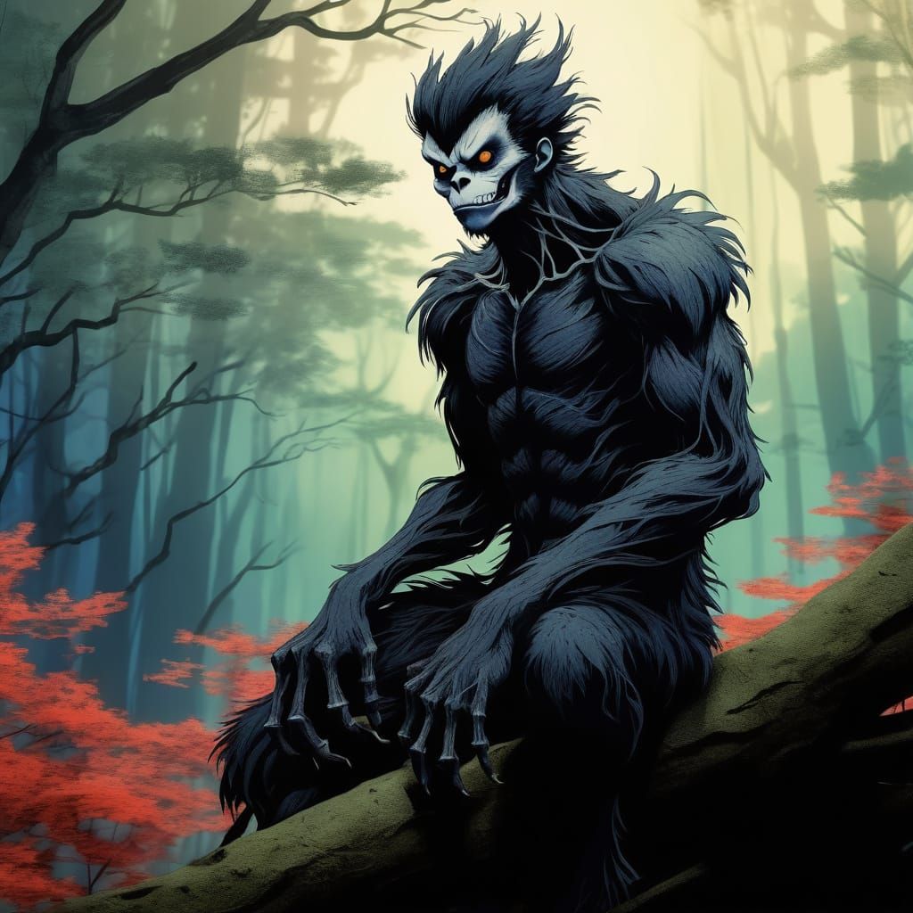 Giant Monster Ryuk in Serene Japanese Forest - AI Art