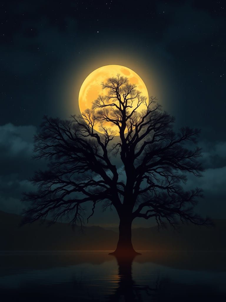Serene Golden Moonlit Night Scene with Silhouetted... - AI Art