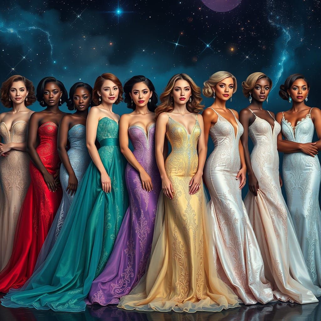 Ethereal Evening Gowns in a Dreamlike Row - AI Art