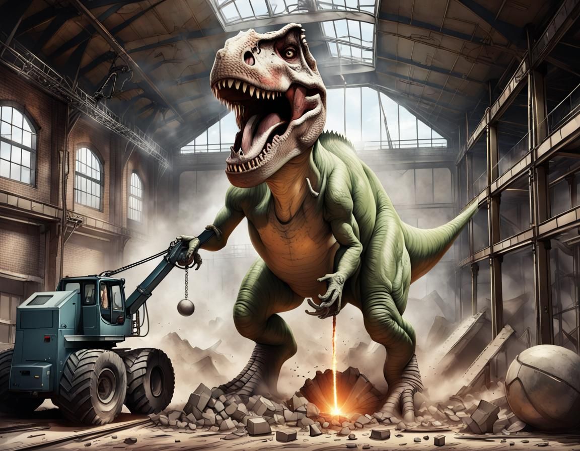 Tyrannosaurus Rex operating a wrecking ball machine, building being ...