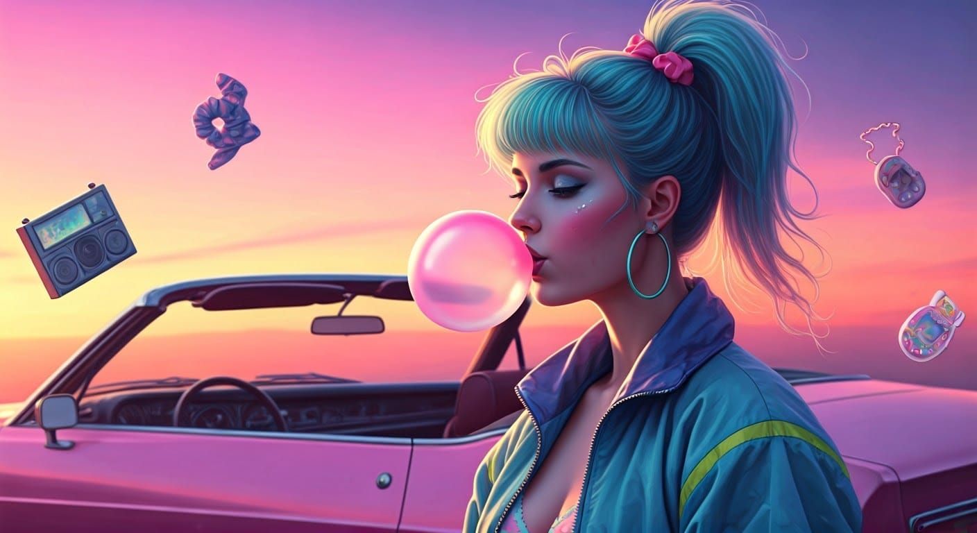 Retro Futuristic Valley Girl in Neon Sunset Scene - AI Art