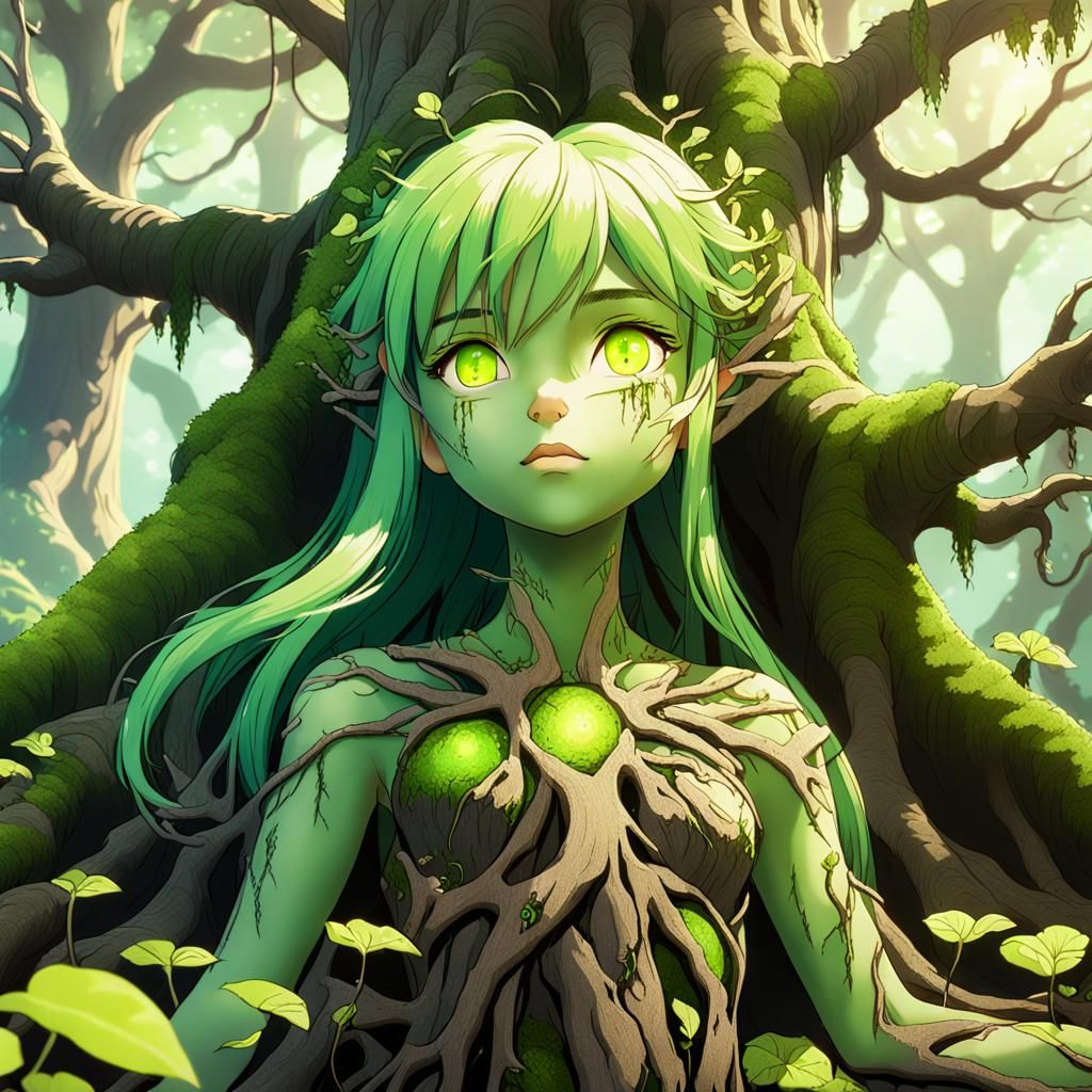 close up of a dryad with lime green hair and glowing green eyes with ...