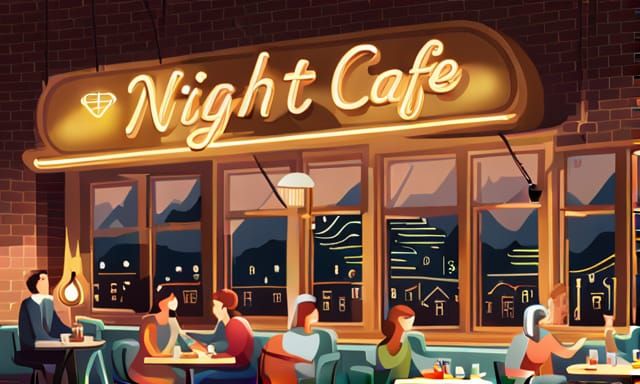 a detailed illustration of a Night Cafe, people drinking coffee, the ...