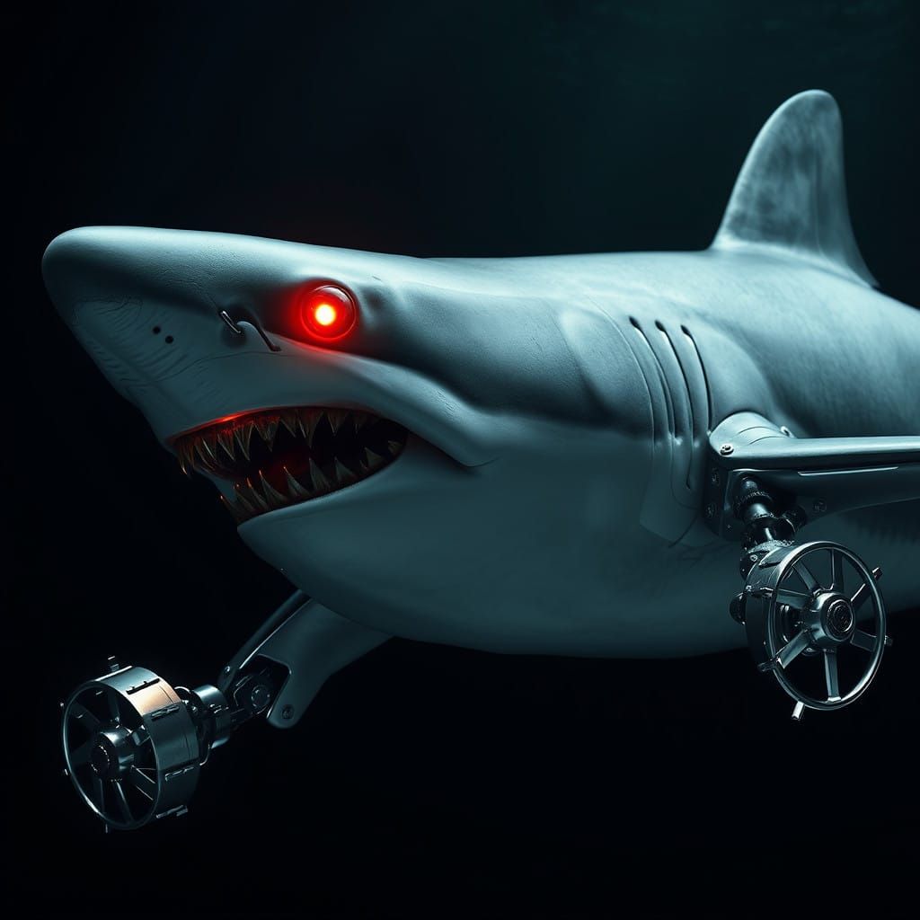 Robot shark - Cybernetic Great White Shark in Dark Ocean Flo...