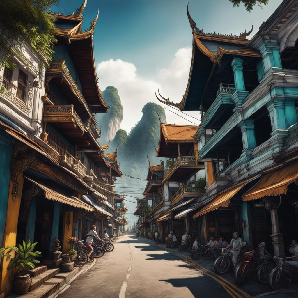 Beautiful, sketched image of a Thai walking trip through Phuket, with ...