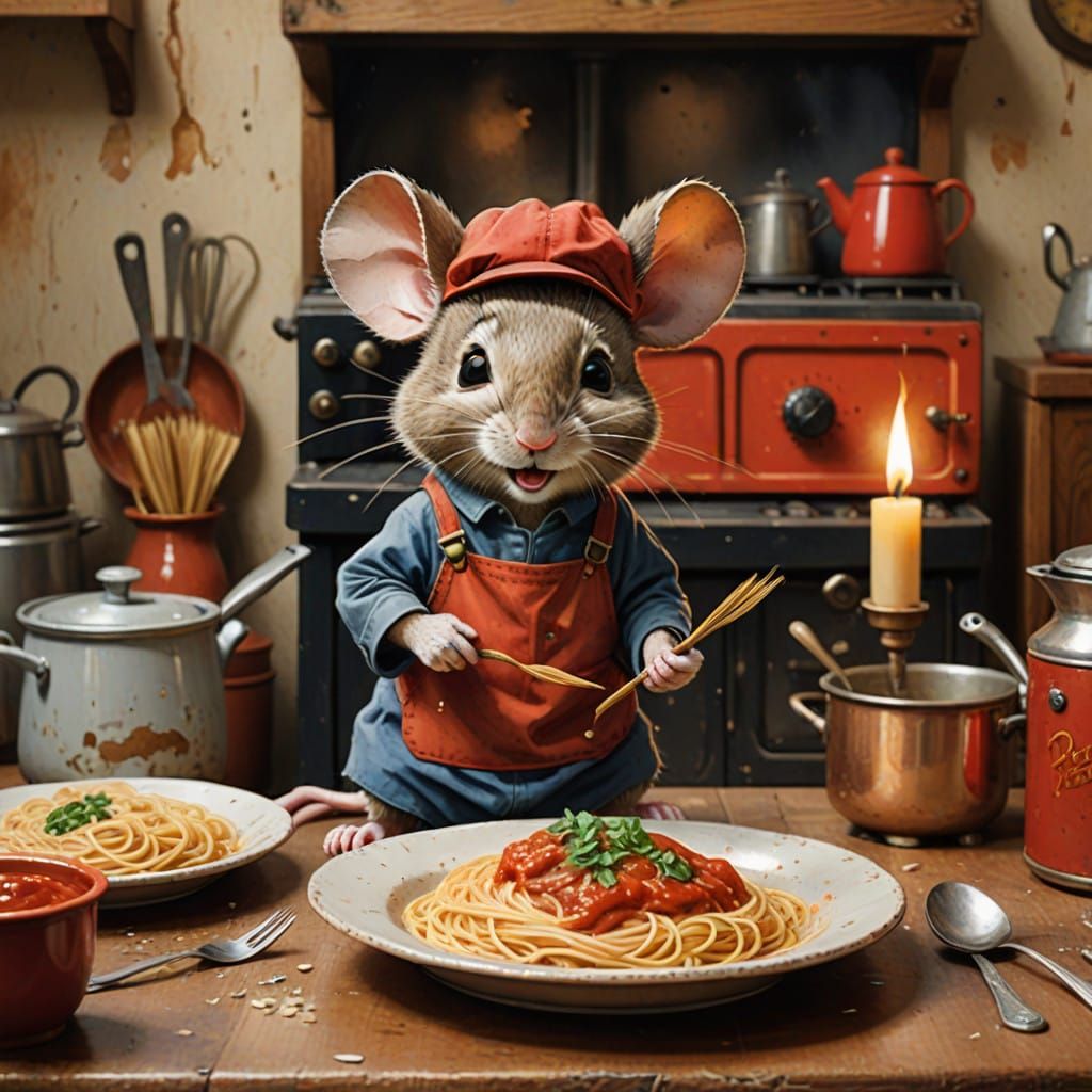 Whimsical Vintage Kitchen Mouse Enjoying Spaghetti... - AI Art